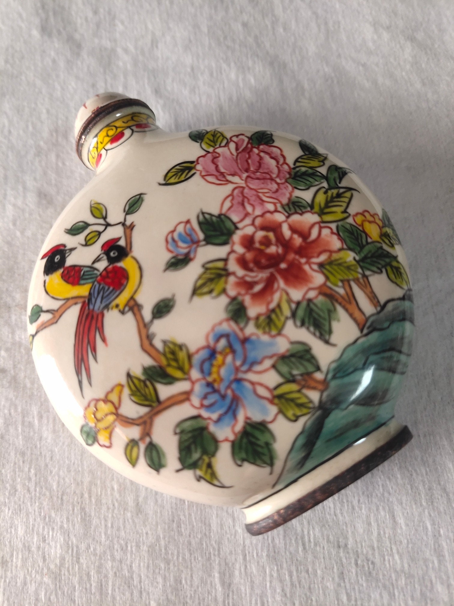 Chinese Antique Handmade Carved Copper Enamel Flower and Bird Pattern ...