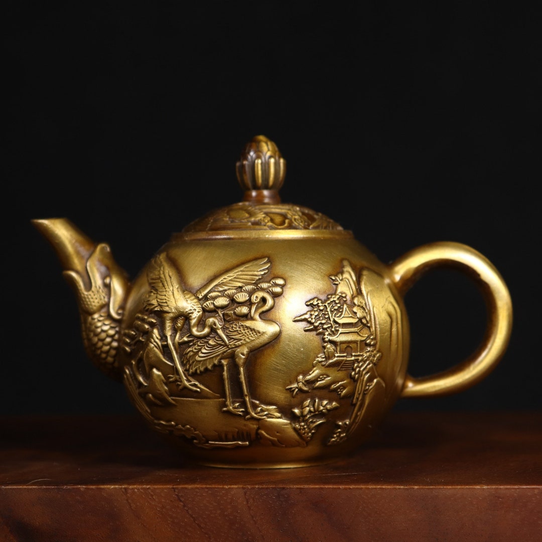 Chinese Handmade Carved Copper Crane Tea Pot Ornaments, Tea Set ...
