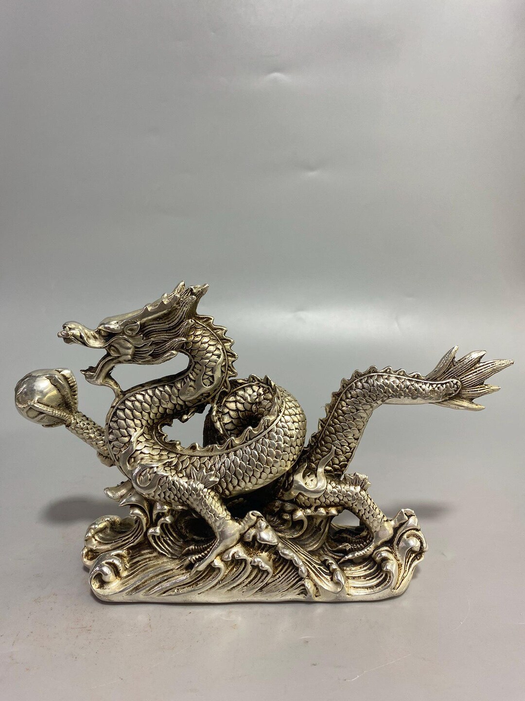 Hand Carved Tibetan Silver Dragon Statue Ornament, Furniture Decoration ...