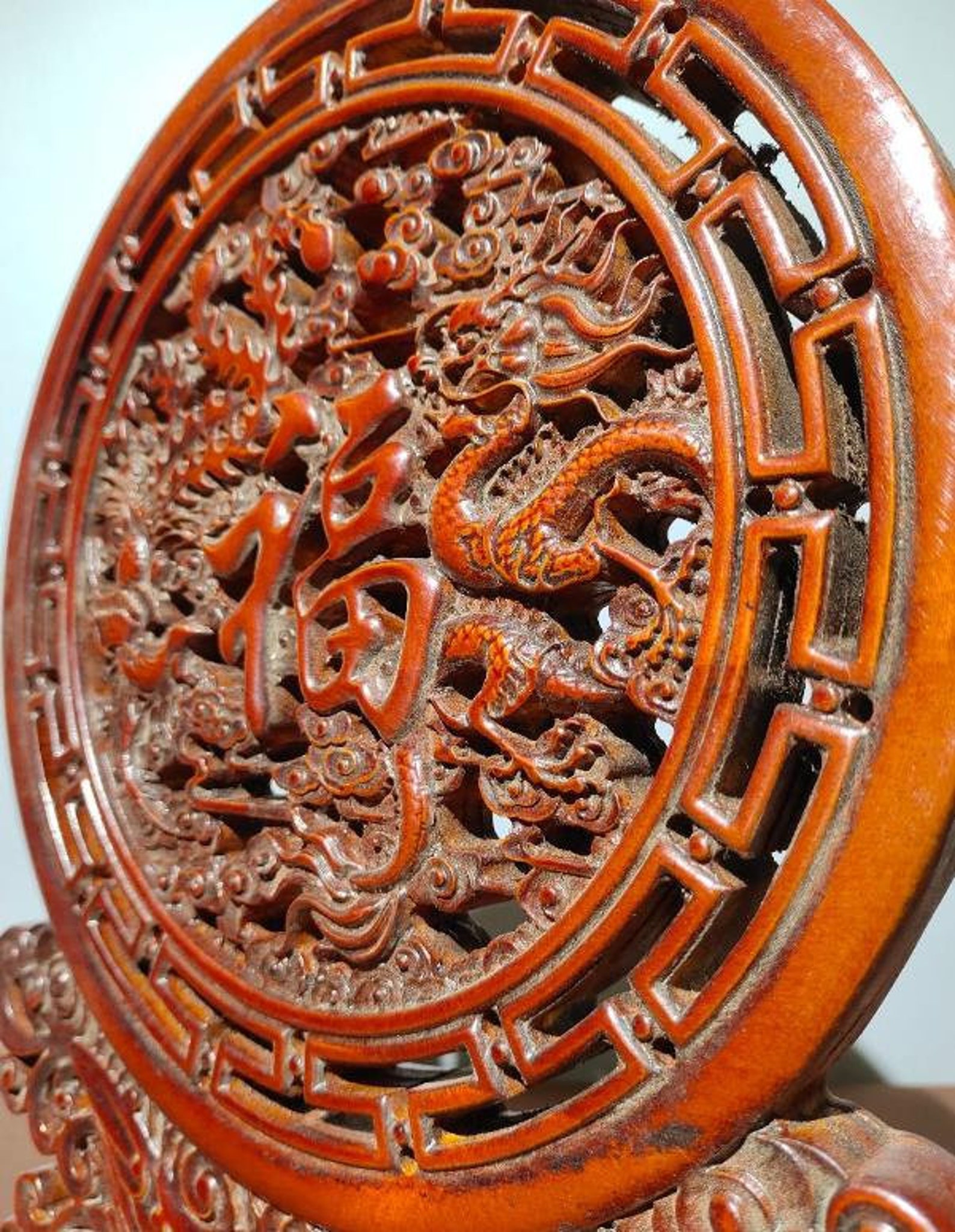 Chinese Antique Handmade Carved Boxwood Dragon and Phoenix Screen ...