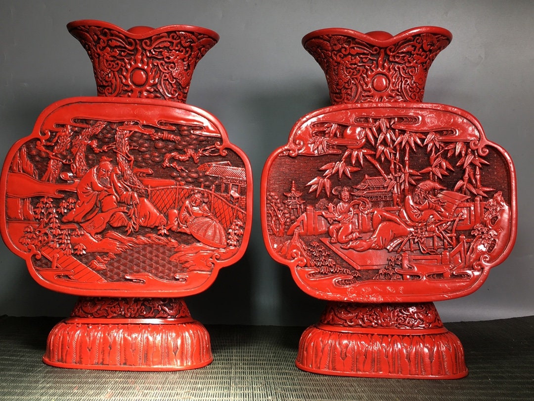 A Pair of Chinese Handmade Carved Lacquerware Vases,rare Furniture ...
