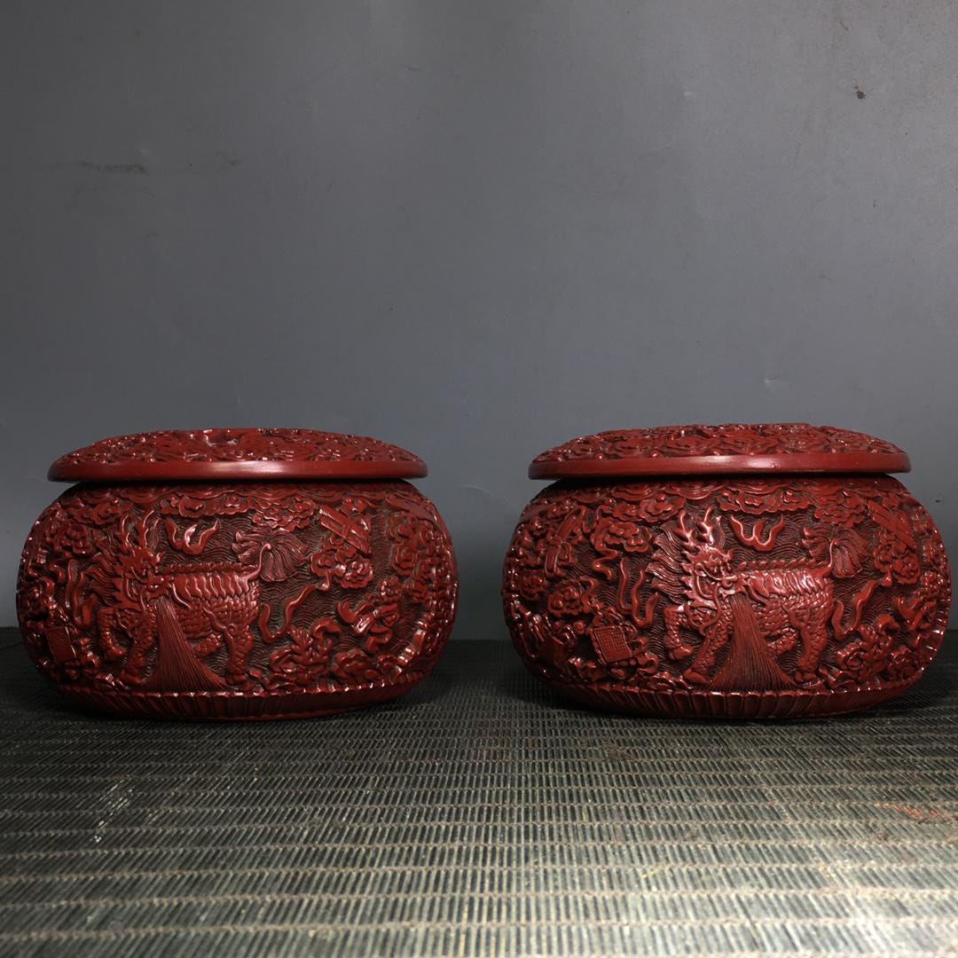 A Pair of Chinese Antique Lacquerware Kylin Patterned Go Jars for ...