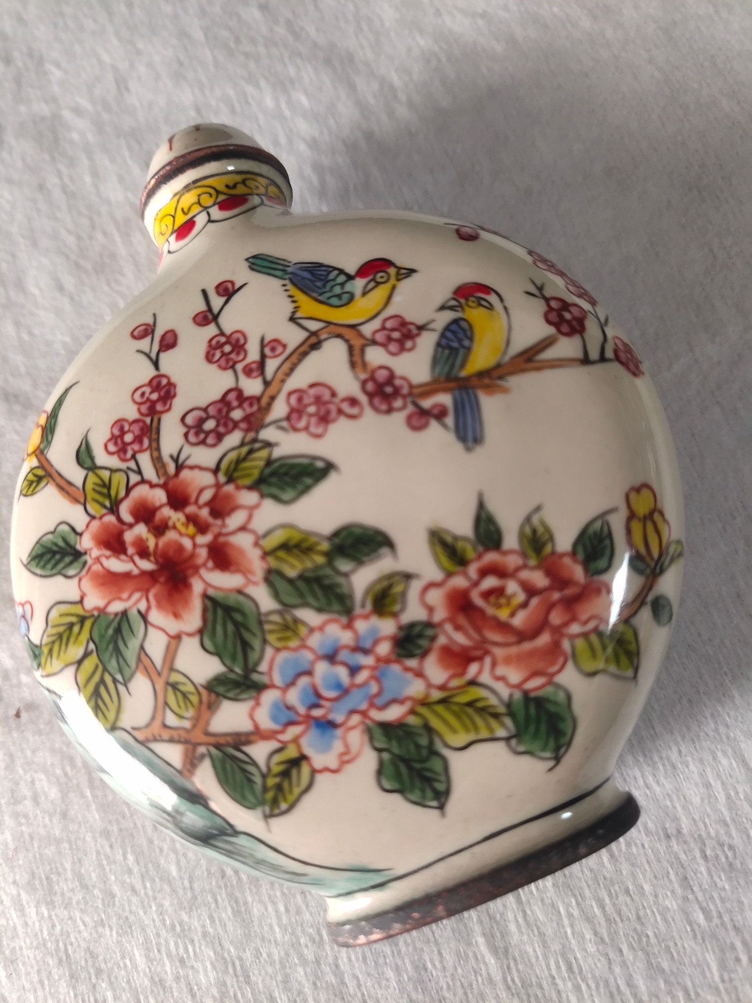 Chinese Antique Handmade Carved Copper Enamel Flower and Bird Pattern ...