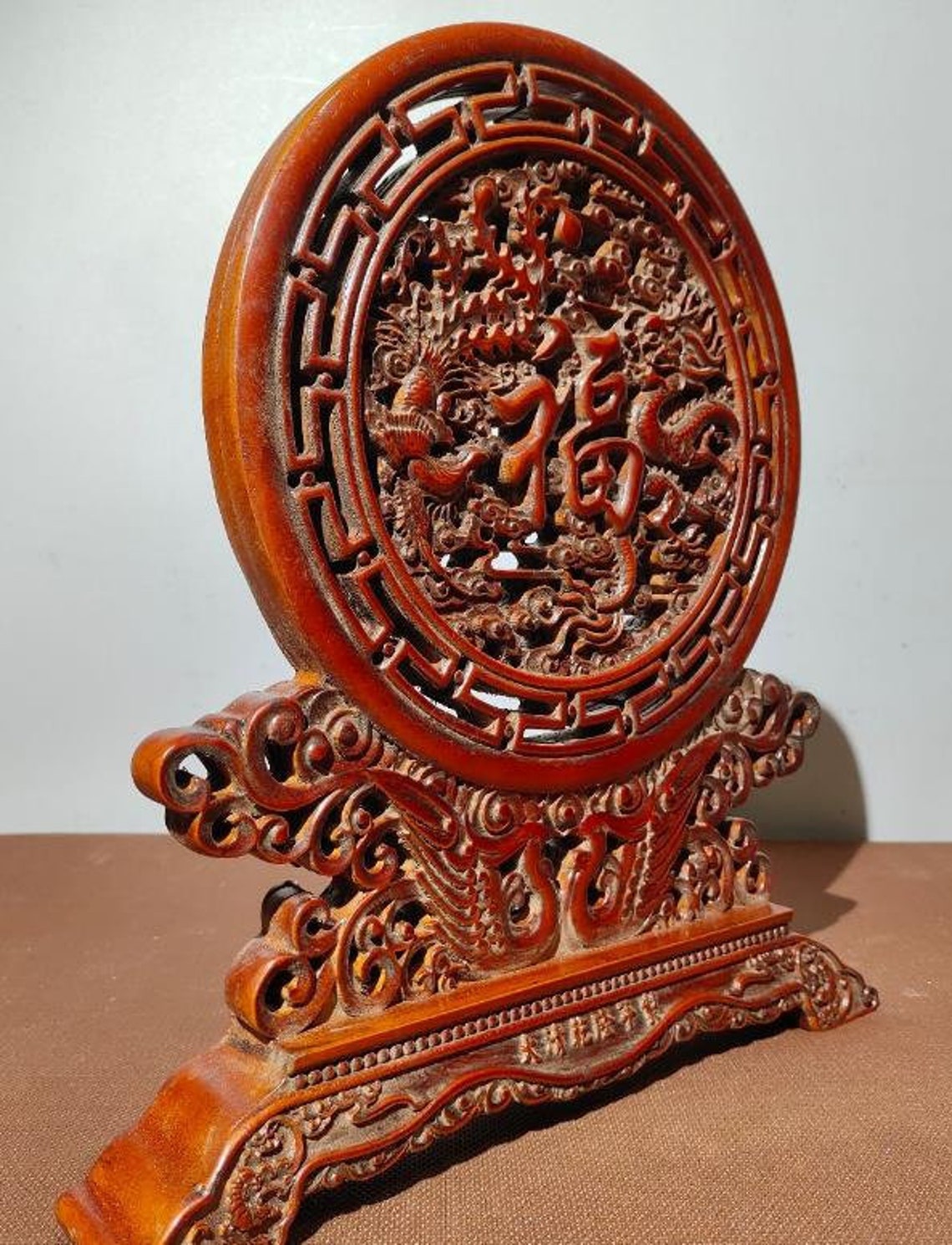 Chinese Antique Handmade Carved Boxwood Dragon and Phoenix Screen ...