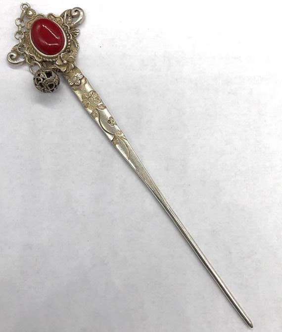 Handcarved Tibetan silver inlaid ruby hairpin/hairpin… - Gem