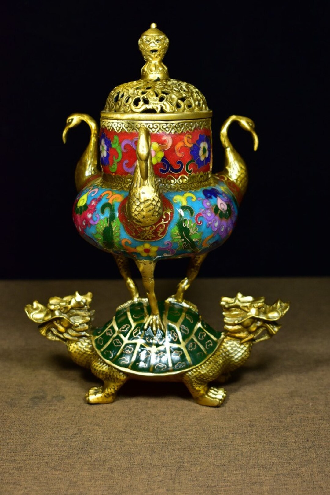 Chinese Handmade Carved Cloisonn é Turtle and Crane Incense Burner ...