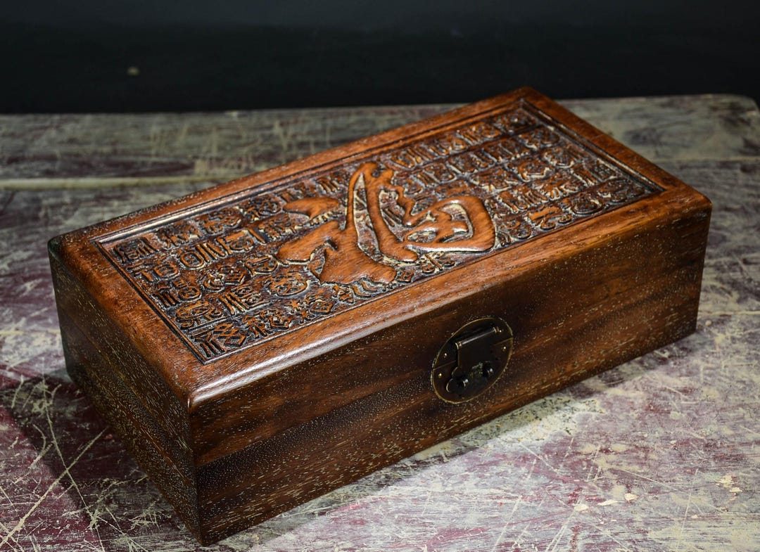 Chinese Handmade Carved Rosewood Fu Pattern Storage Box Ornament ...