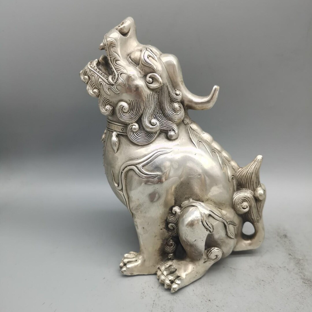 Chinese Handmade Carved White Copper Pixiu Statue Ornament, Desktop ...