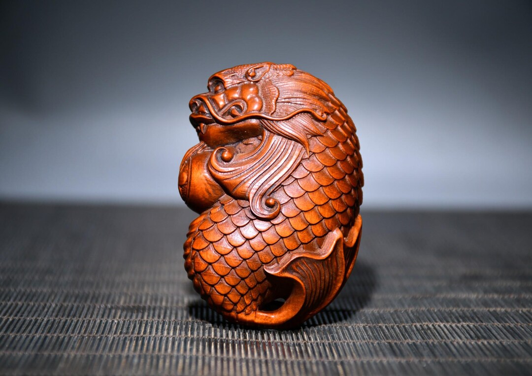 Chinese Handmade Carved Boxwood Dragon Fish Statue Ornaments, Furniture ...