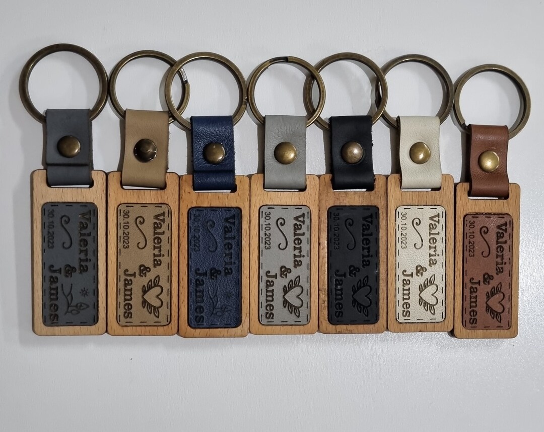 Personalized Leather Wooden Keychain Wedding Gift - Etsy