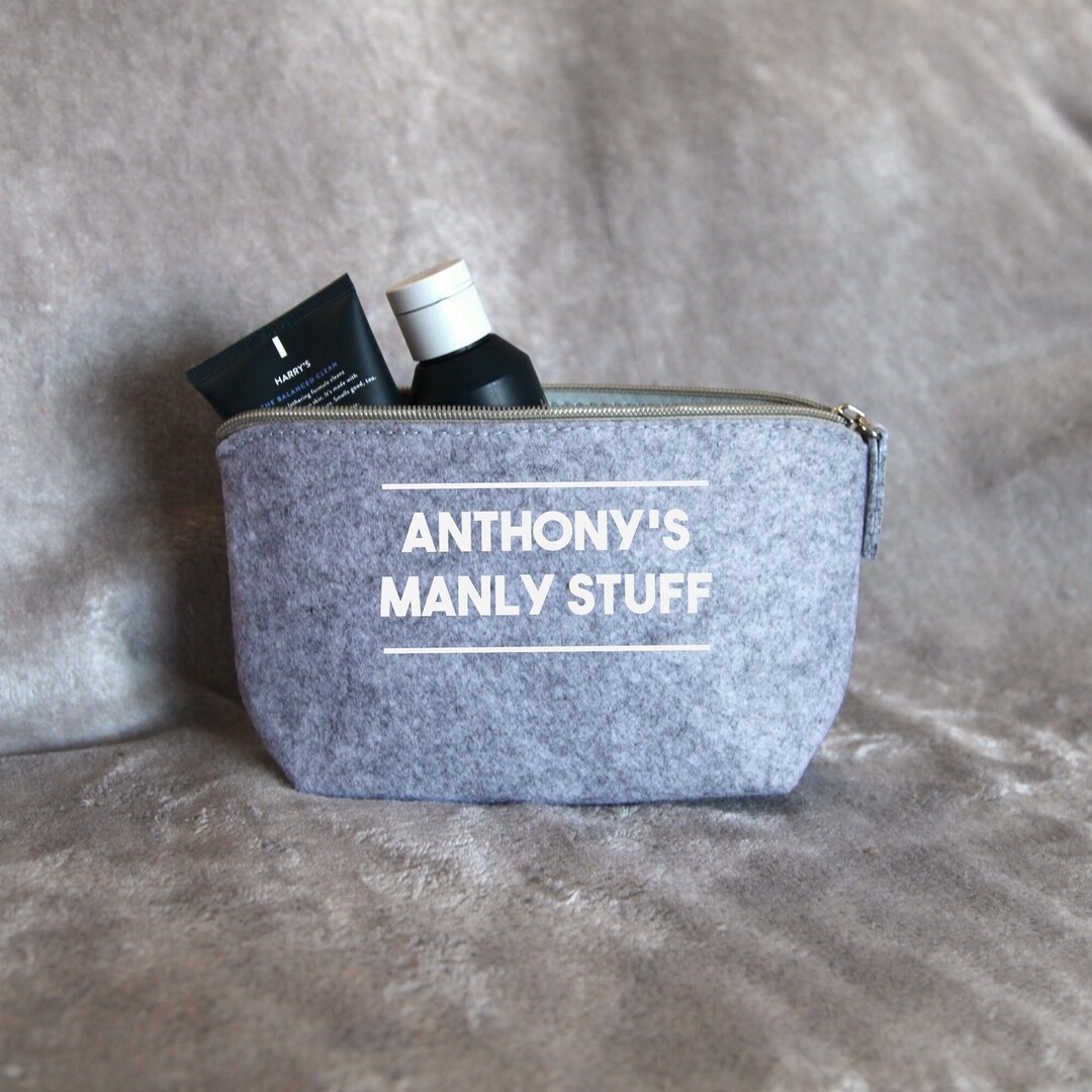 Personalised Manly Stuff Felt Pouch Bag, Men's Toiletry Bag, Men's Wash ...