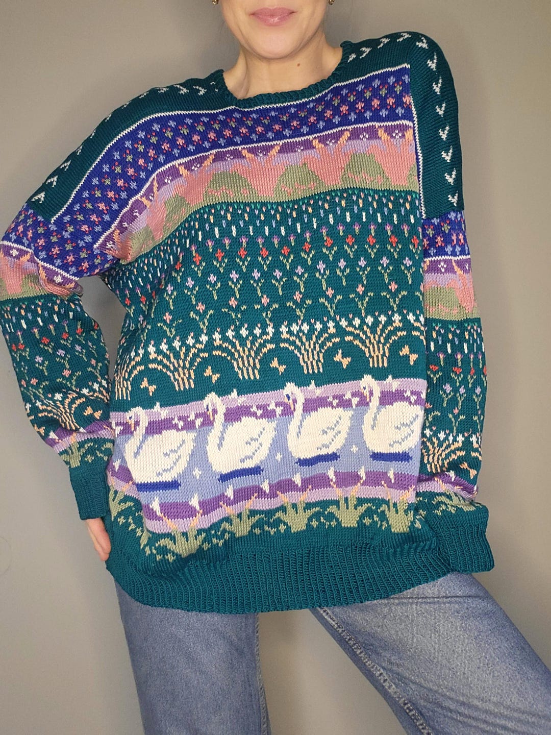 90's Knit Swan and Flowers Pattern Crewneck Sweater/ Vintage All Over ...