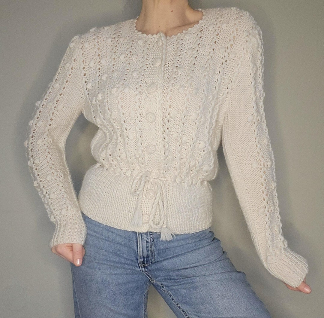 70's Dainty Handknit Cream Wool Blend Crew Cardigan With Pom Poms and ...