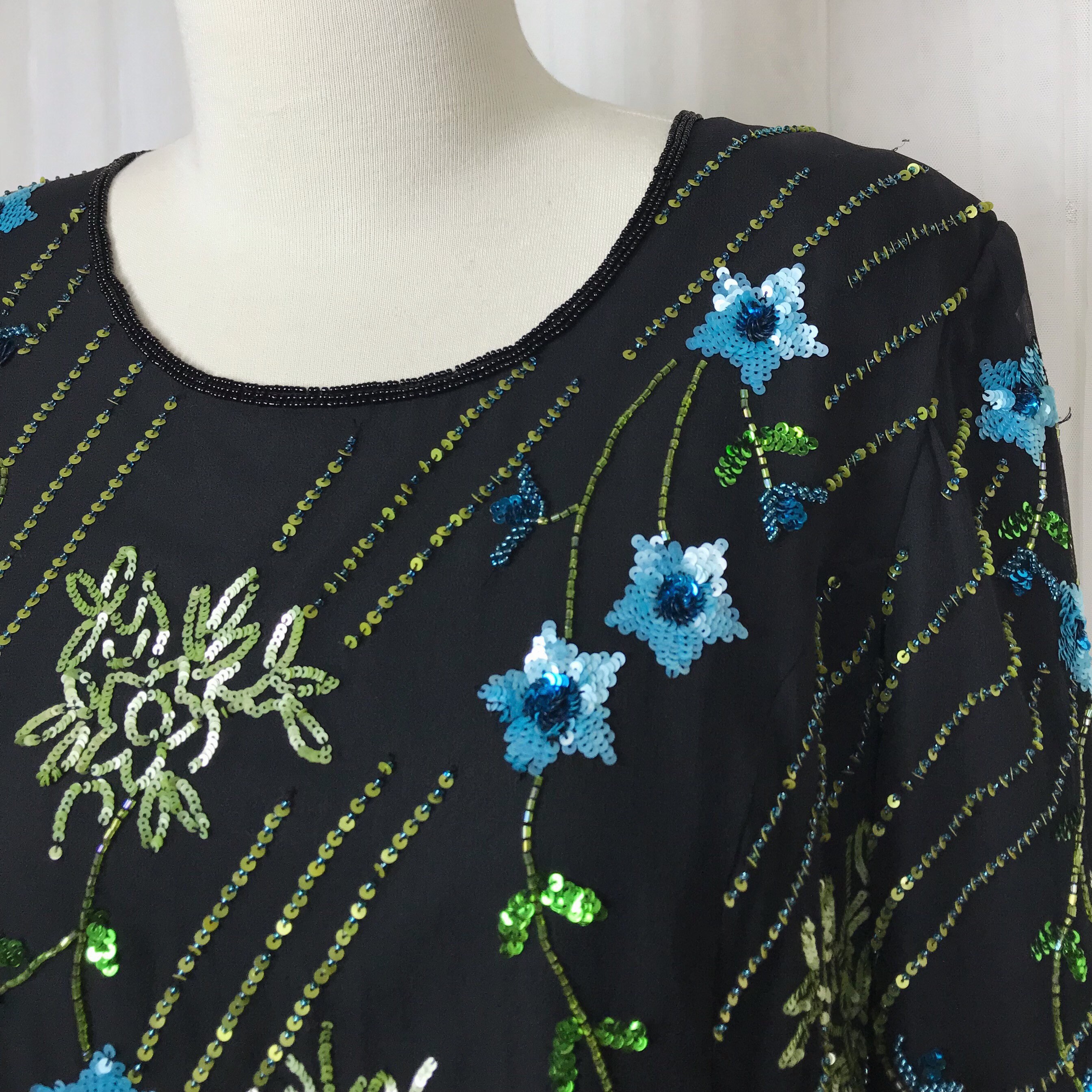 Vintage Black Silk Sequined Blouse: Floral Beaded Evening Top, XL - Etsy