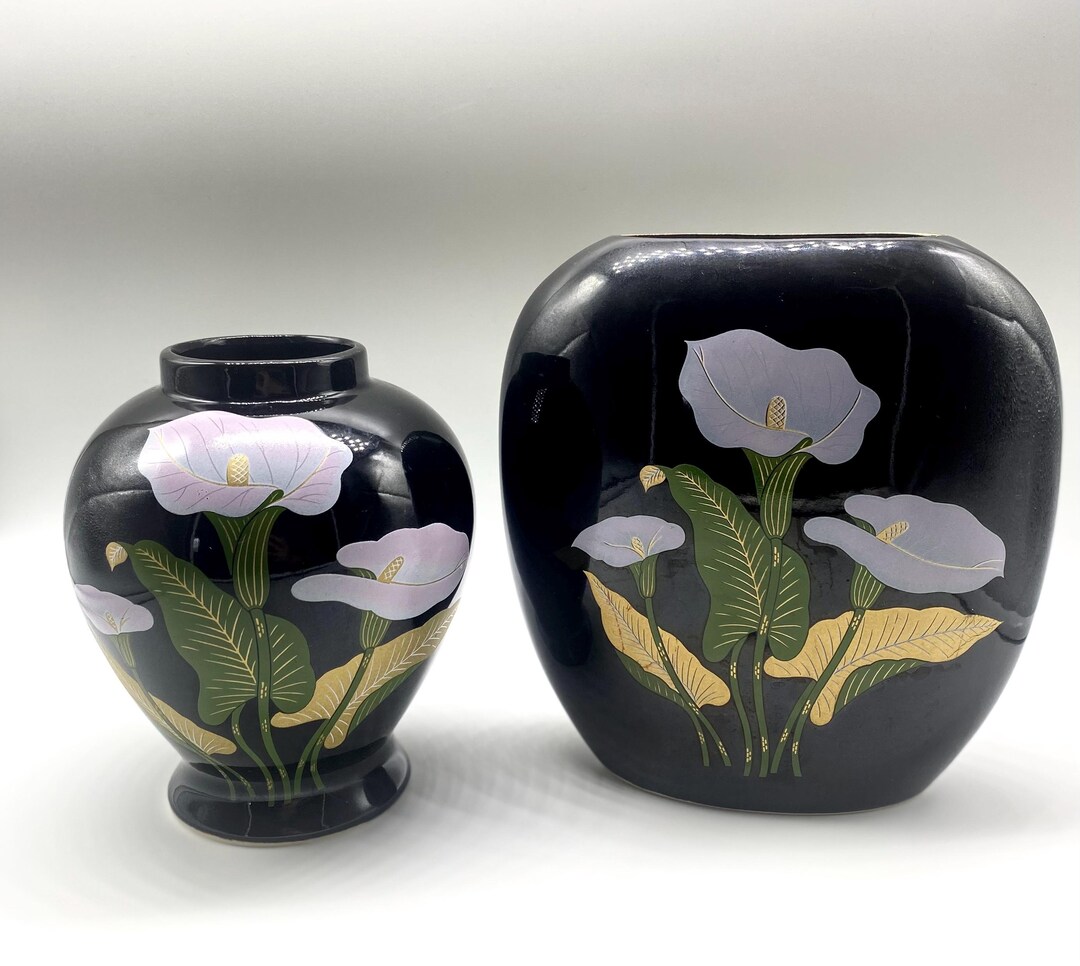 Vintage Japanese Calla Lily Black and Pink Porcelain Vases | Gold Gilt ...