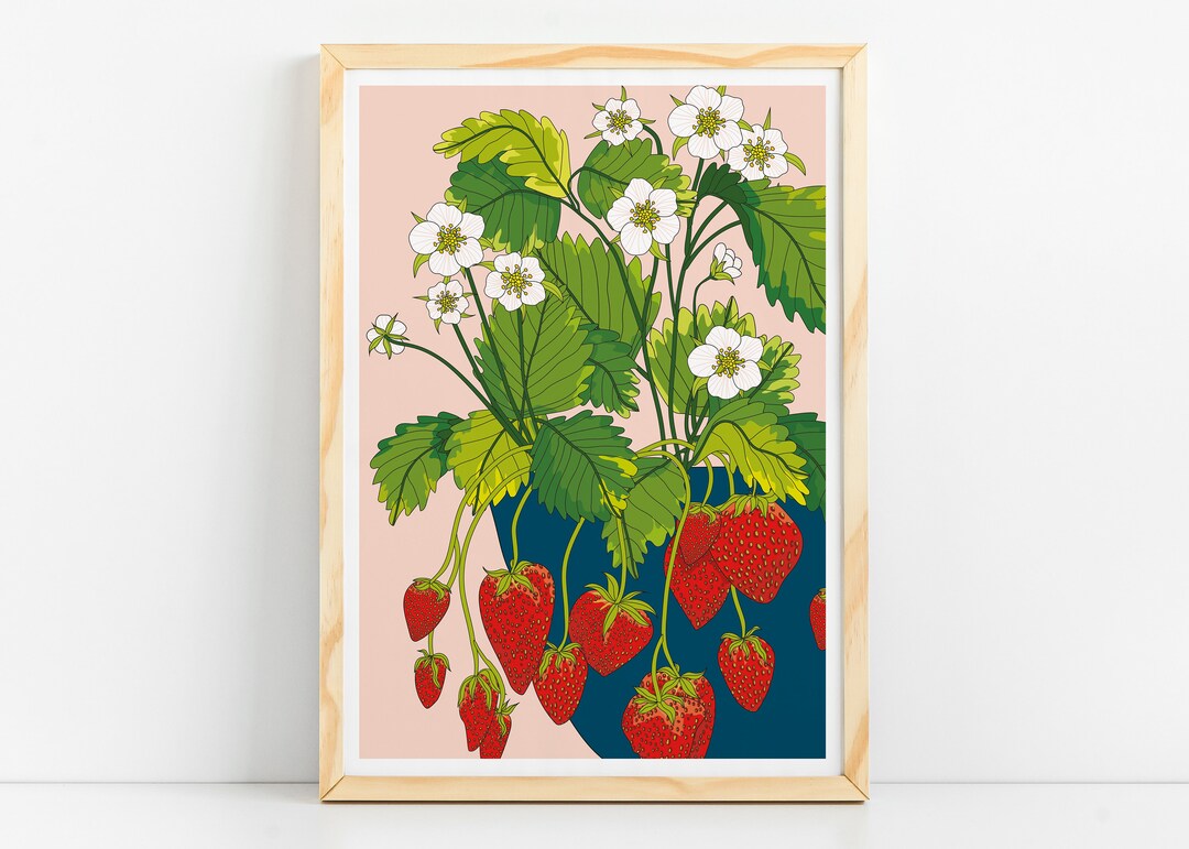Strawberry Flower Growing Pot - Art Print / Wall Art / Poster /A5/A4/A3 ...