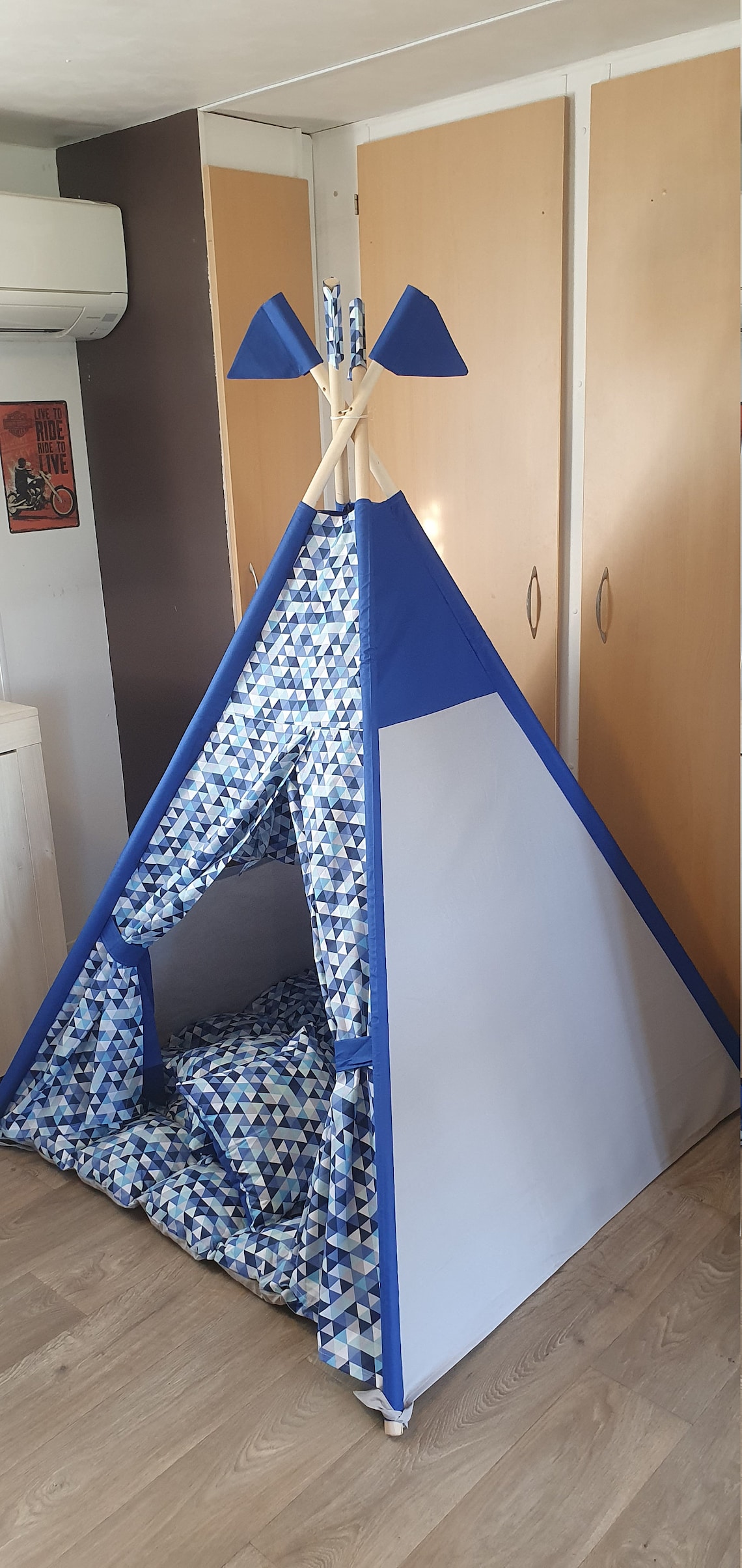 Tipi gris bleu triangles 110x110x160cmtapis2 coussinsdrapeaux,Teepee ...