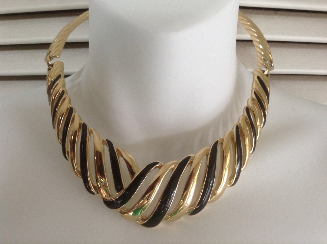 Crown Trifari Choker Collar Necklace Goldtone and Black - Etsy