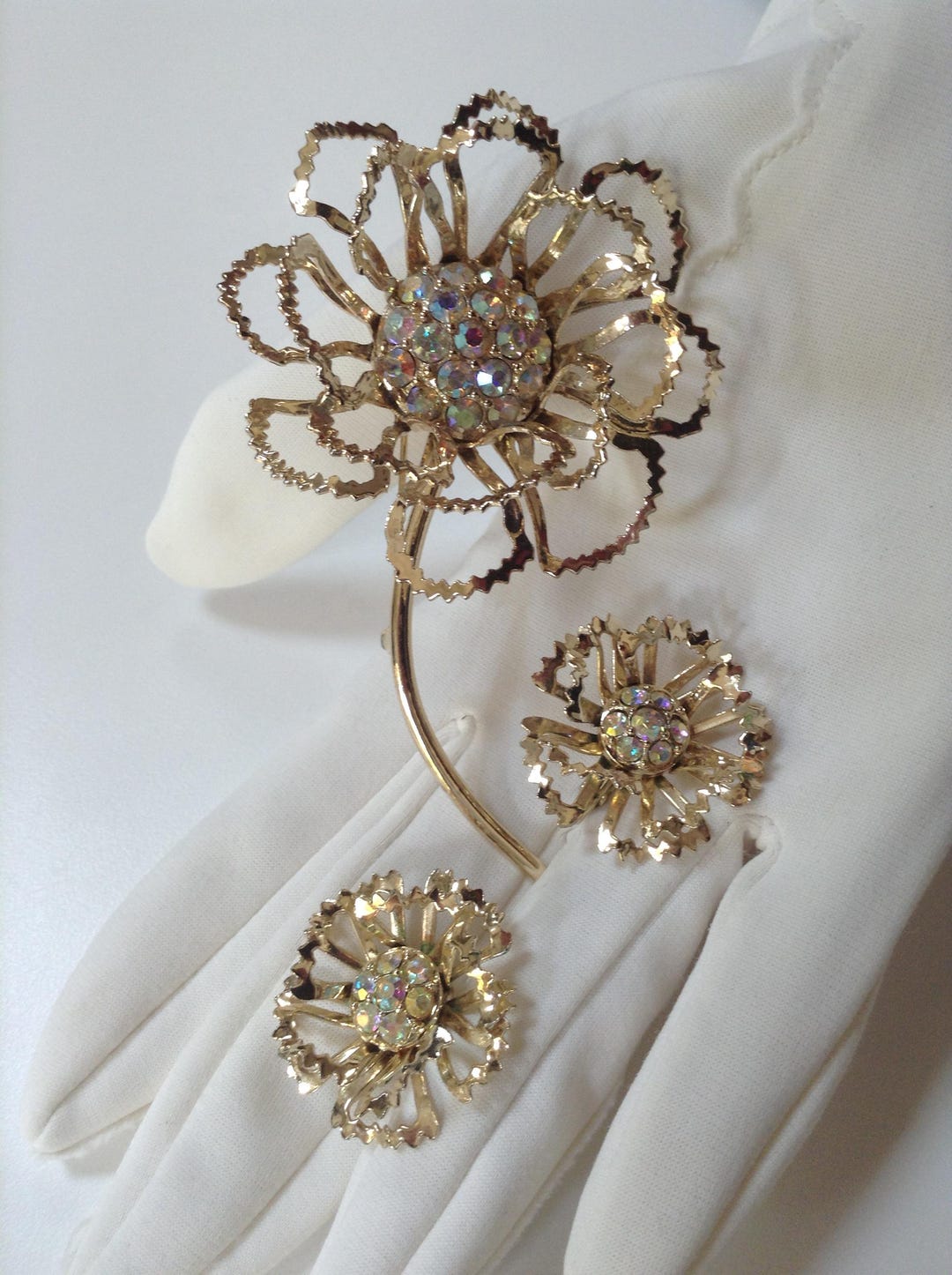 Allusion Rhinestone Flower Demi - PRISTINE Goldtone Brooch and Clip ...
