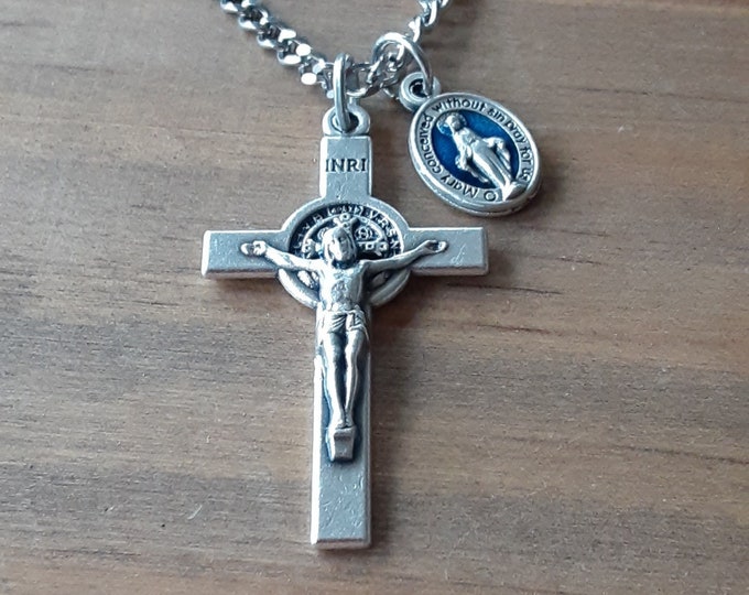Men's Saint Benedict Crucifix Necklace: Blue Enamel Miraculous Medal - Etsy