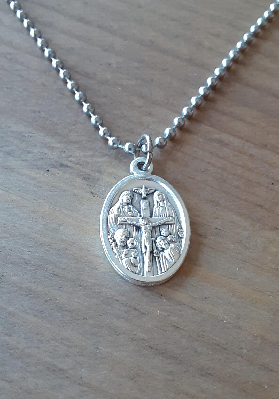 Five-way Medal Necklace: Oxidized Silver Catholic Pendant, Stainless ...