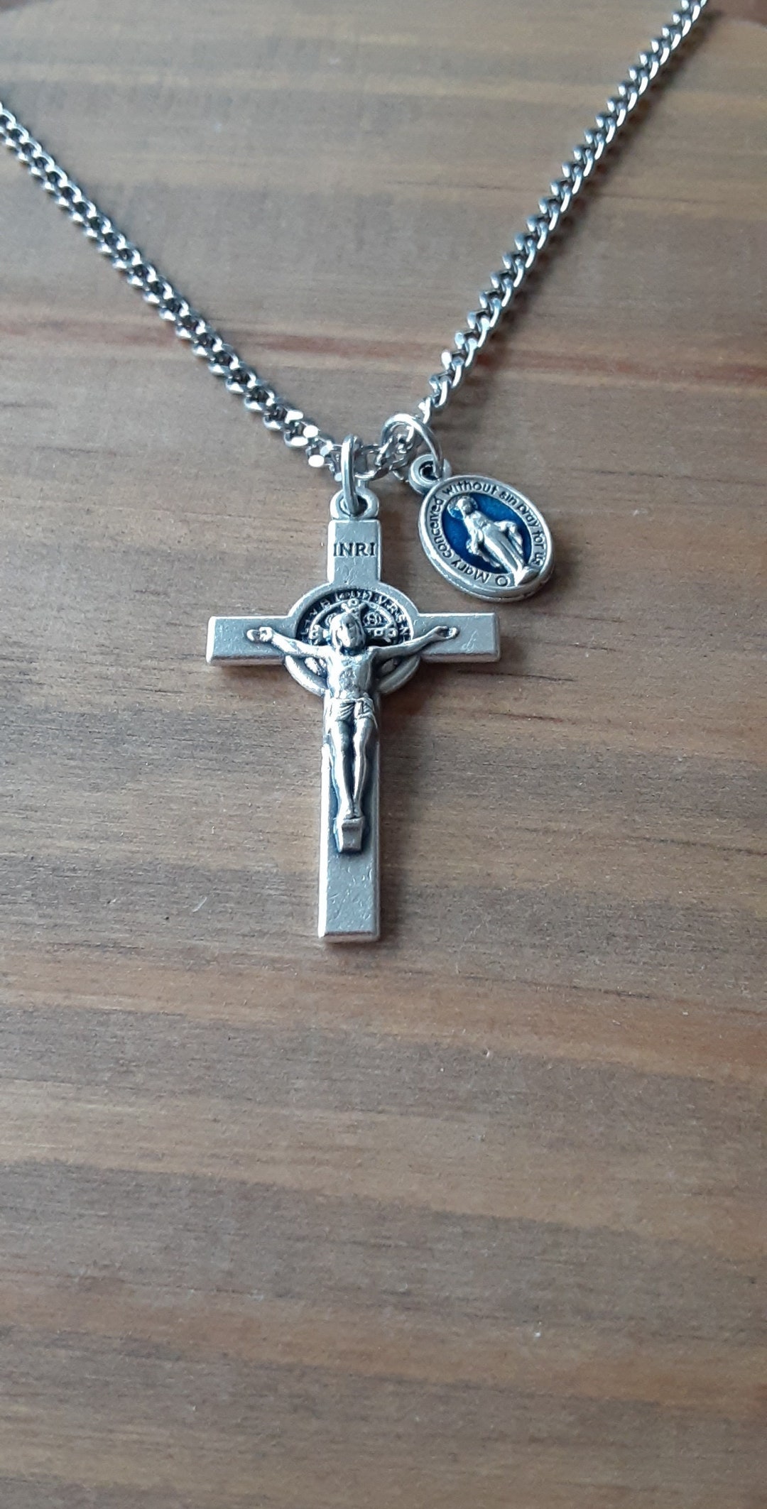 Men's Saint Benedict Crucifix Necklace: Blue Enamel Miraculous Medal - Etsy