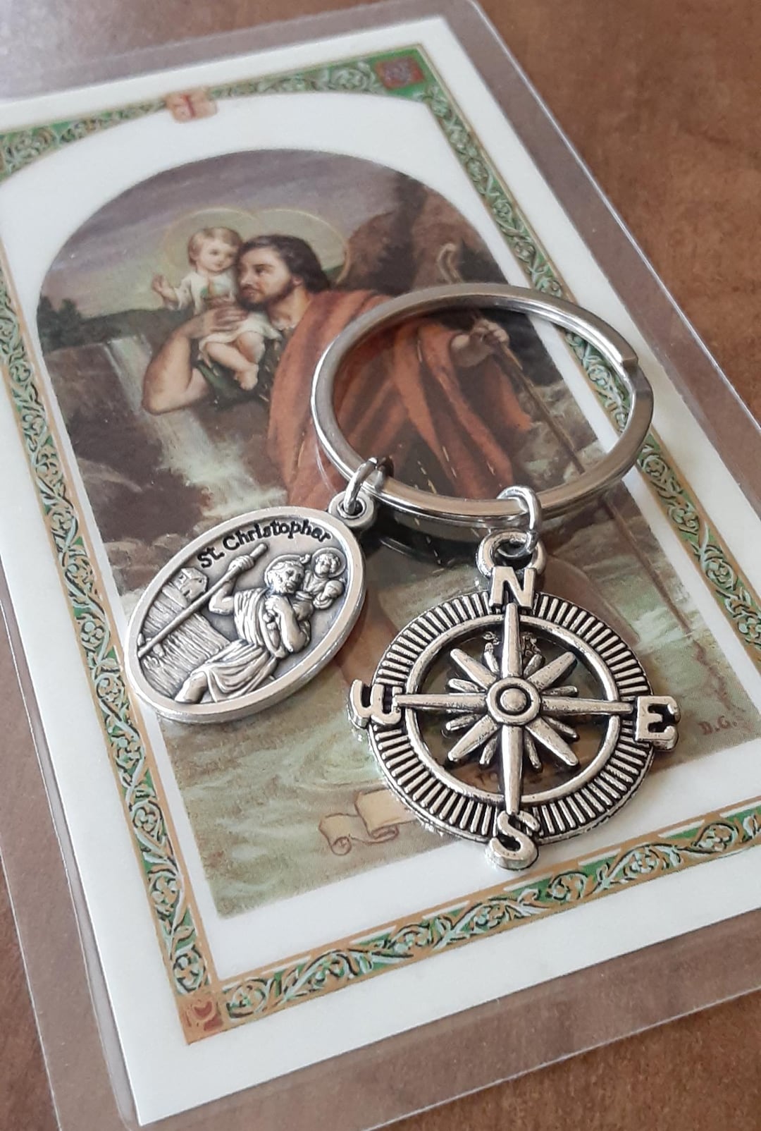Saint Christopher Keychain: Silver Compass Charm, Travel Protection ...