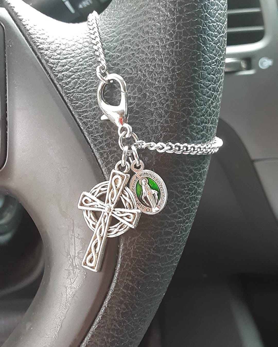Irish Catholic Steering Wheel Charm/celtic Cross Auto Rosary/green ...