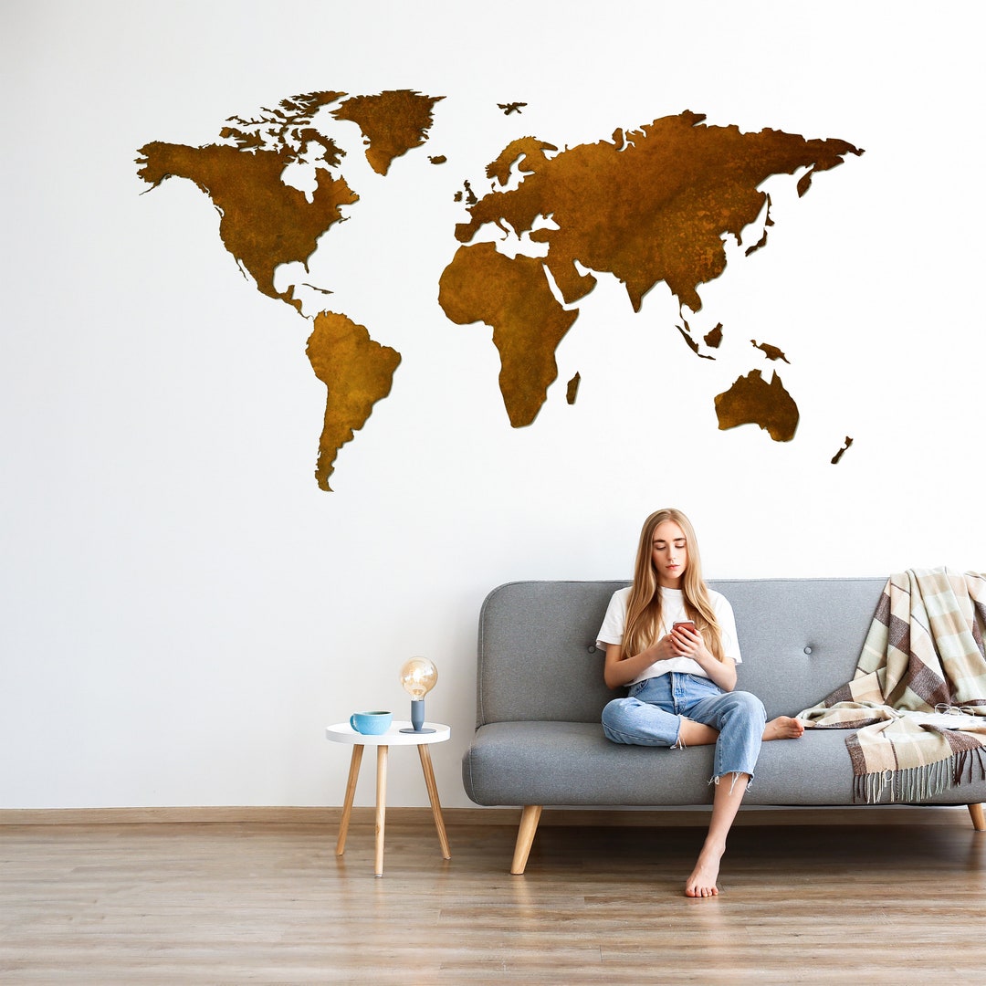 World Map Metal Wall Art, Map Wall Decor, Corten Wall Map, Industrial ...