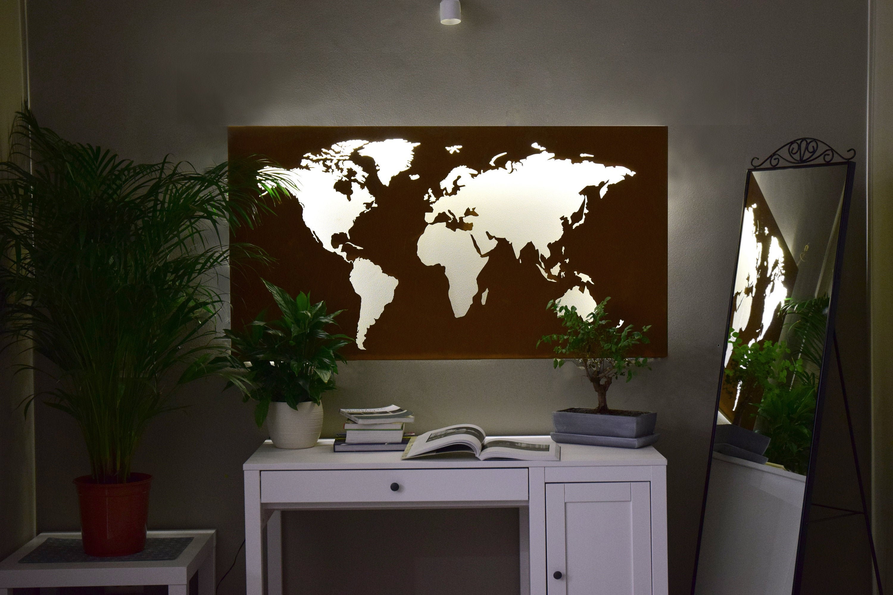 Illuminated Corten World Map. Large Metal World Map. Metal - Etsy