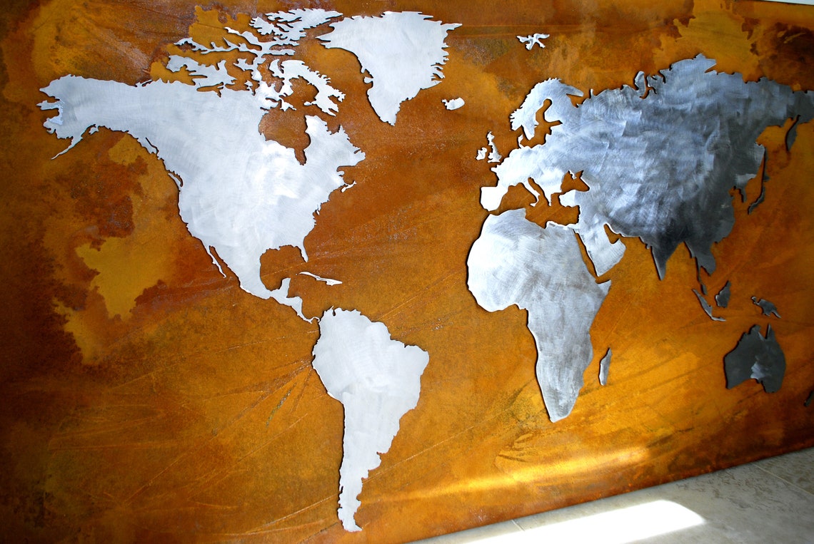 Metal World Map. Industrial Wall Decor. Magnetic 3D Modern Wall Art ...