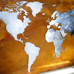 Industrial Metal World Map. Corten Wall Art. Magnetic Modern Wall Decor ...