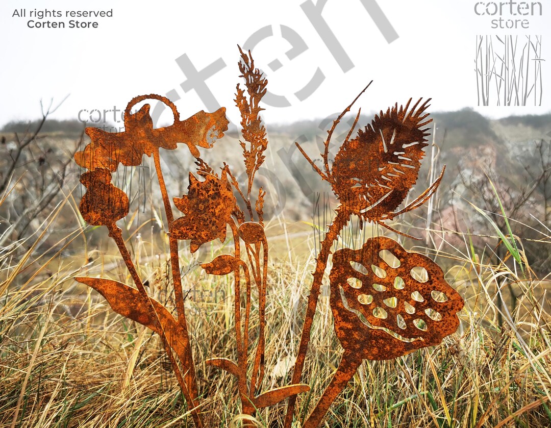 Rusty Flower Bouquet, Garden Art Wildflowers, Rusty Metal Plant Stakes ...