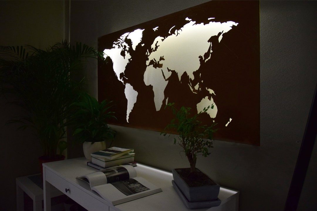 Illuminated Corten World Map. Large Metal World Map. Metal Wall Art ...