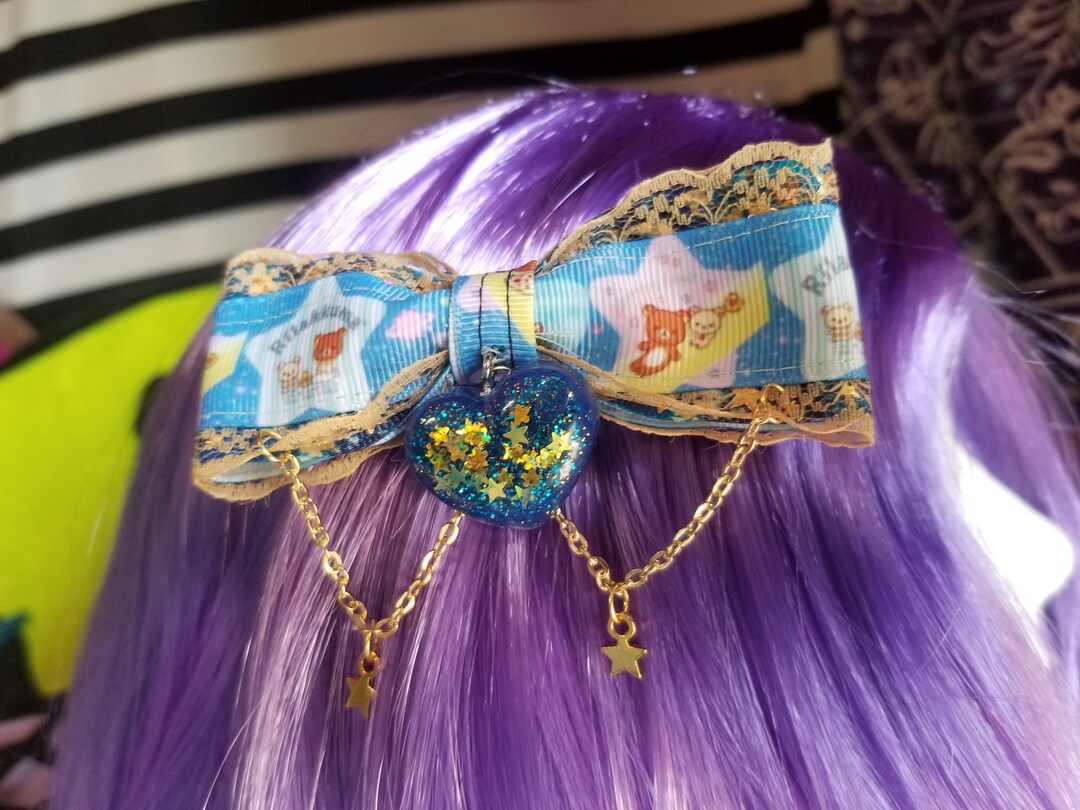 Space Rilakkuma Hair Bow Barrette Chain and Heart Sweet Lolita Fairy ...