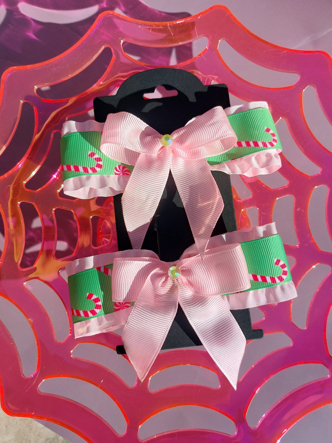 Christmas Candy Cane Bow Set- Handmade Grinch Hair Bows- Elf Ribbon ...