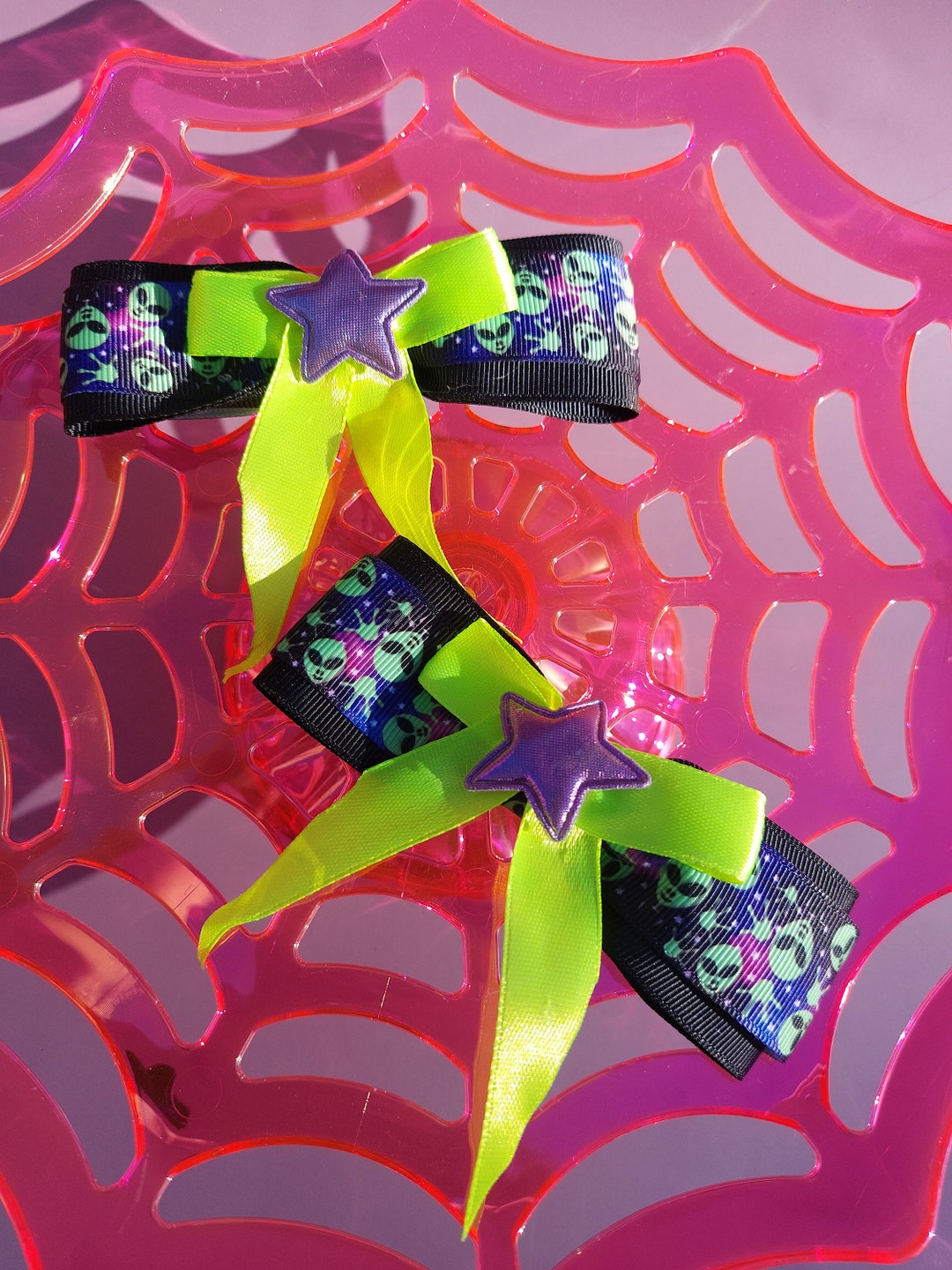 Neon Alien Bow Set- Kawaii Lolita Hair Bows- Space UFO Ribbon Hairbows ...