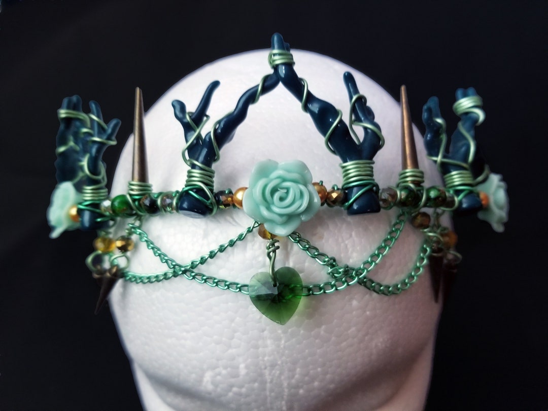 Forest Queen Antler Crown - Wire Wrapped Elf Tiara - Green Gothic Coral ...