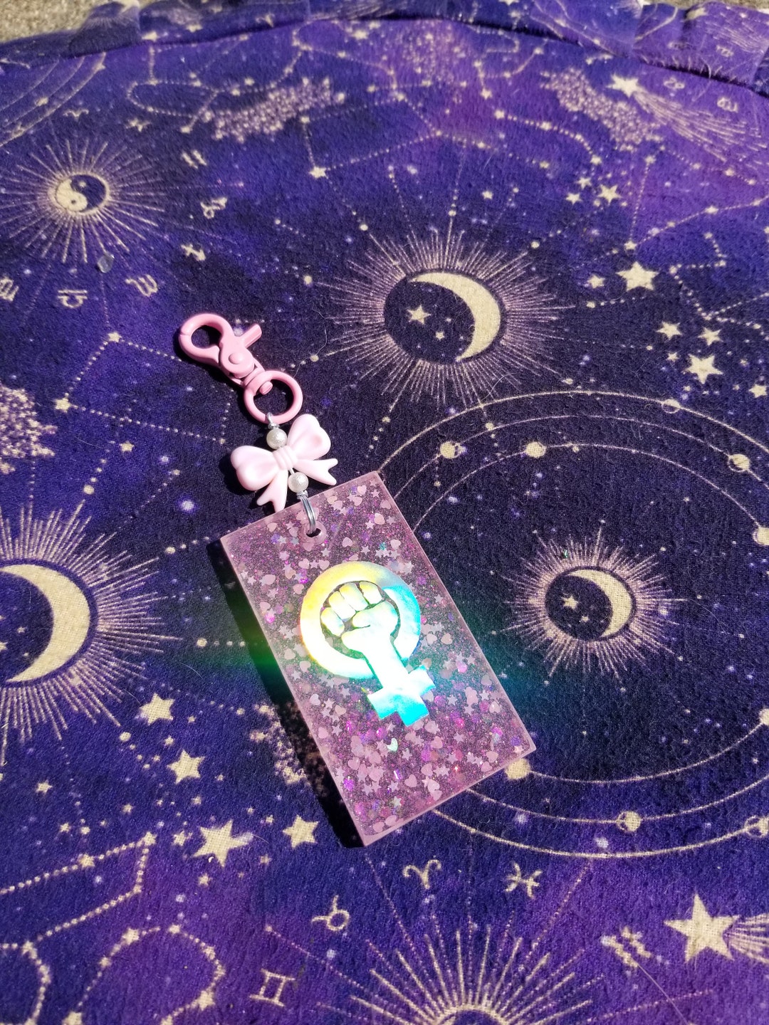 Holographic Feminist Key Chain - Girl Power Birthday Gift Glitter Resin ...