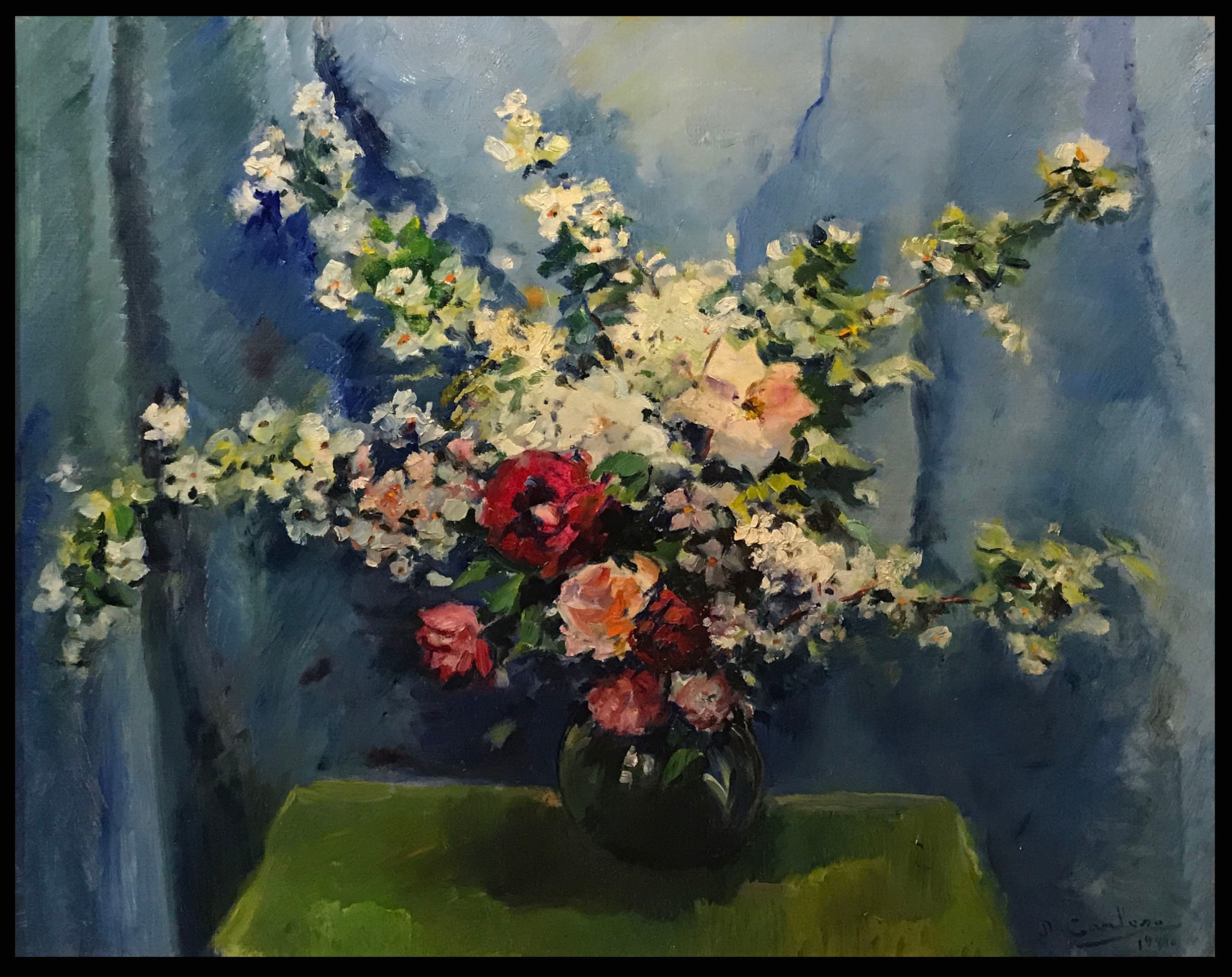 A Romantic Original Framed Antique 1920s Spanish Flower Bouquet Oil on ...