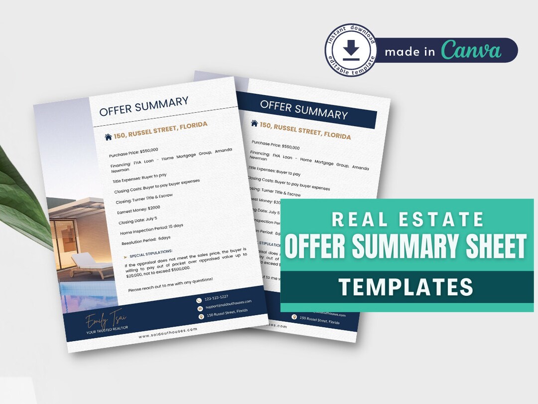 Offer Summary Sheet Template, Real Estate Multiple Offers Worksheet ...