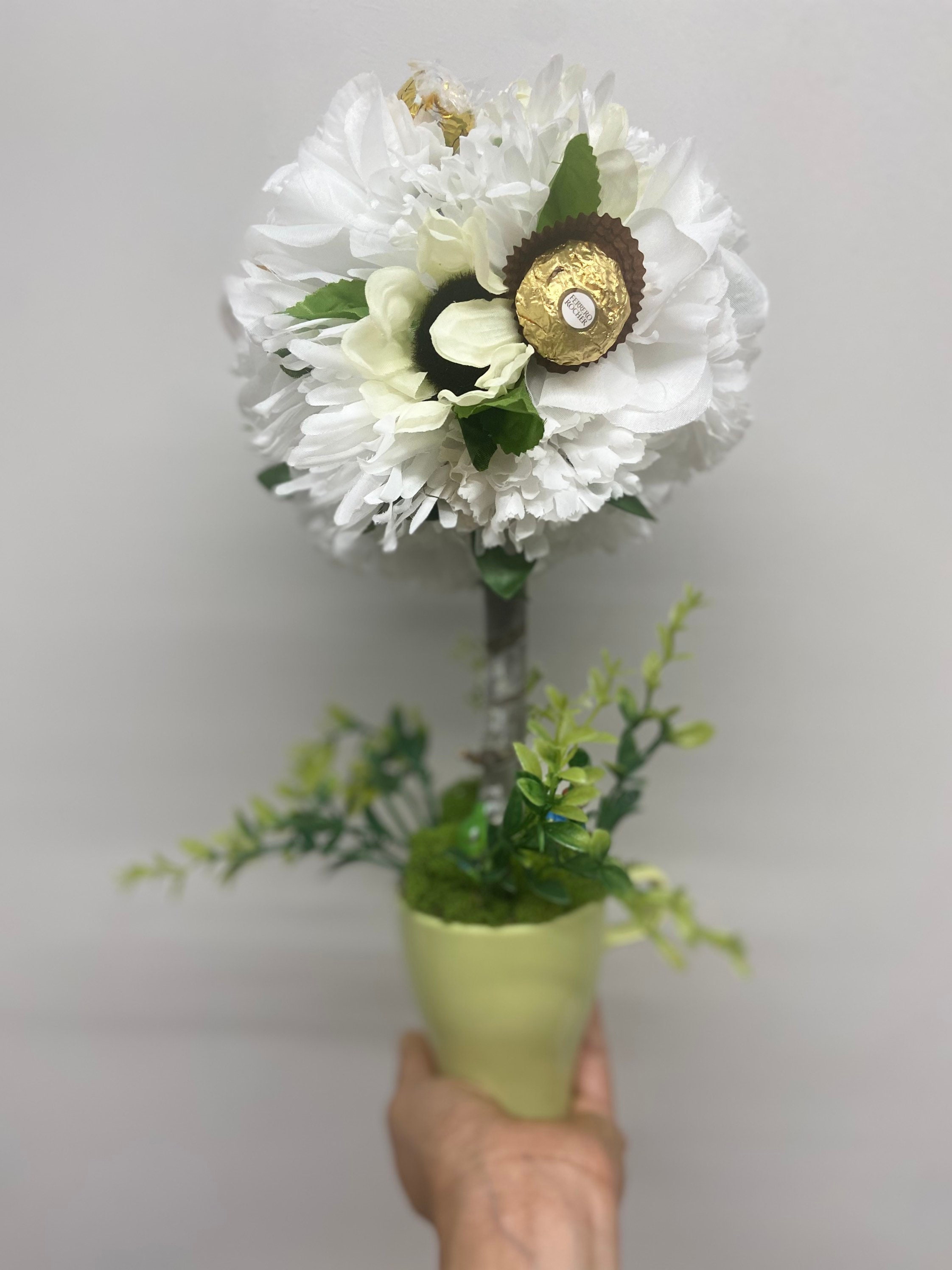 White Fantasy Topiary in a Cup With Ferrero Rocher Handmade Centerpiece ...