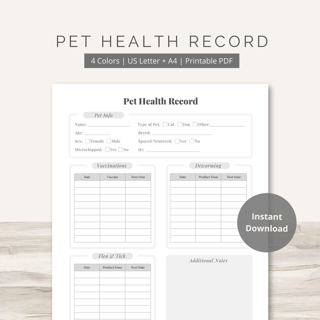Pet Health Record Printable PDF | Owner Info Template (dog, Cat, or ...