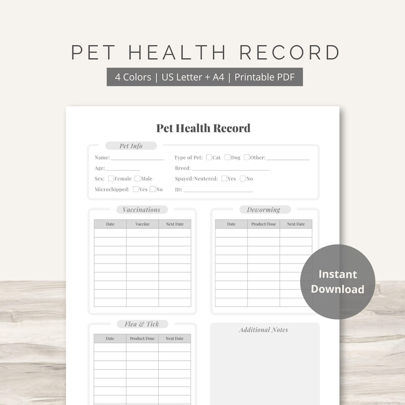 Pet Health Record Printable PDF | Owner Info Template (dog, Cat, or ...