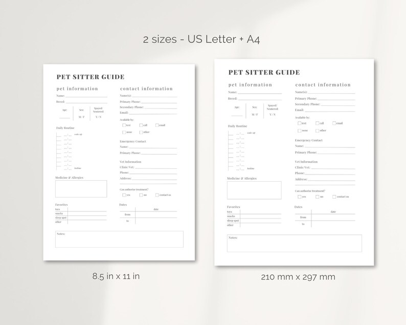 Pet Sitter Instructions Printable PDF Owner Info Template dog, Cat ...