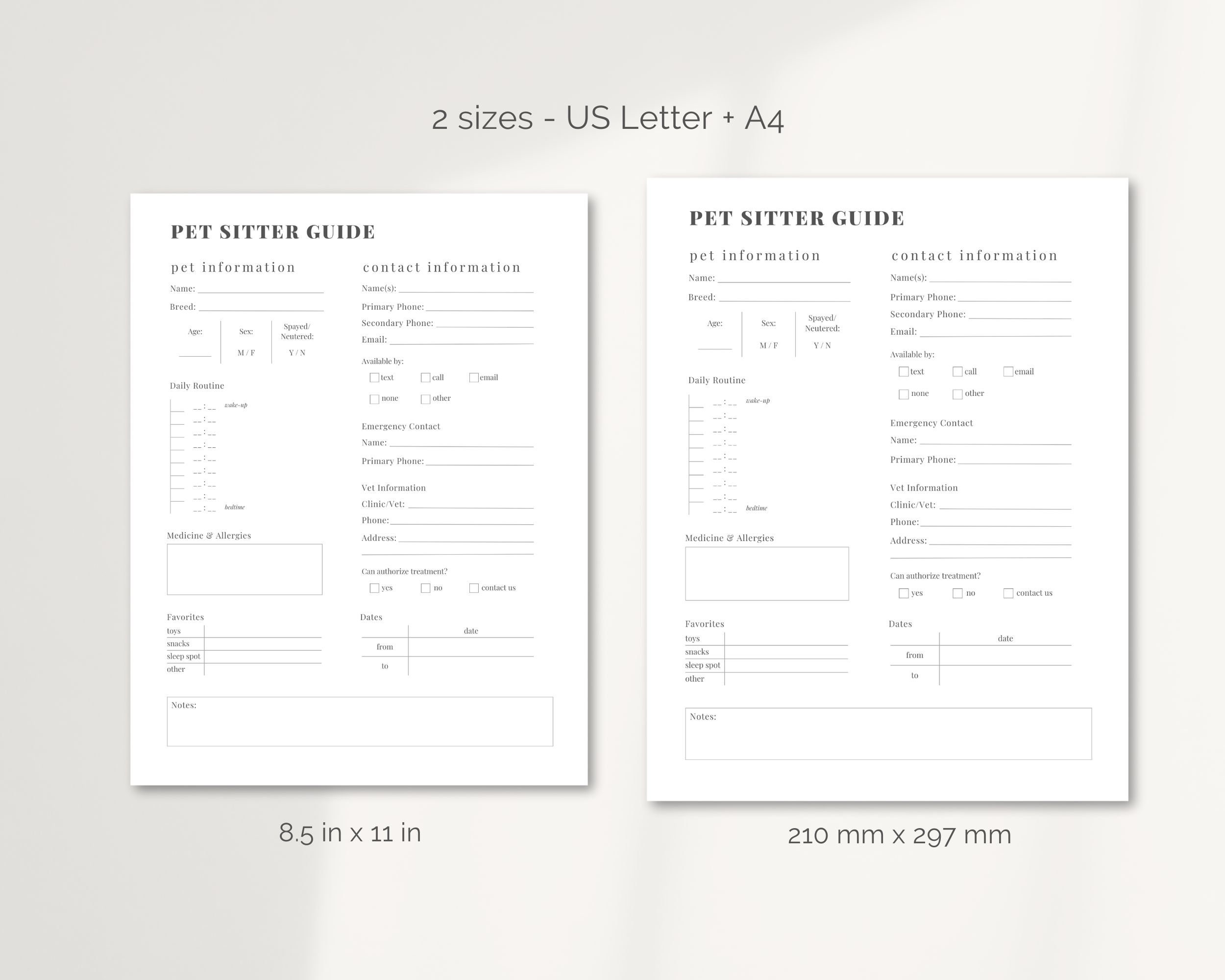 Pet Sitter Instructions Printable PDF Owner Info Template dog, Cat ...