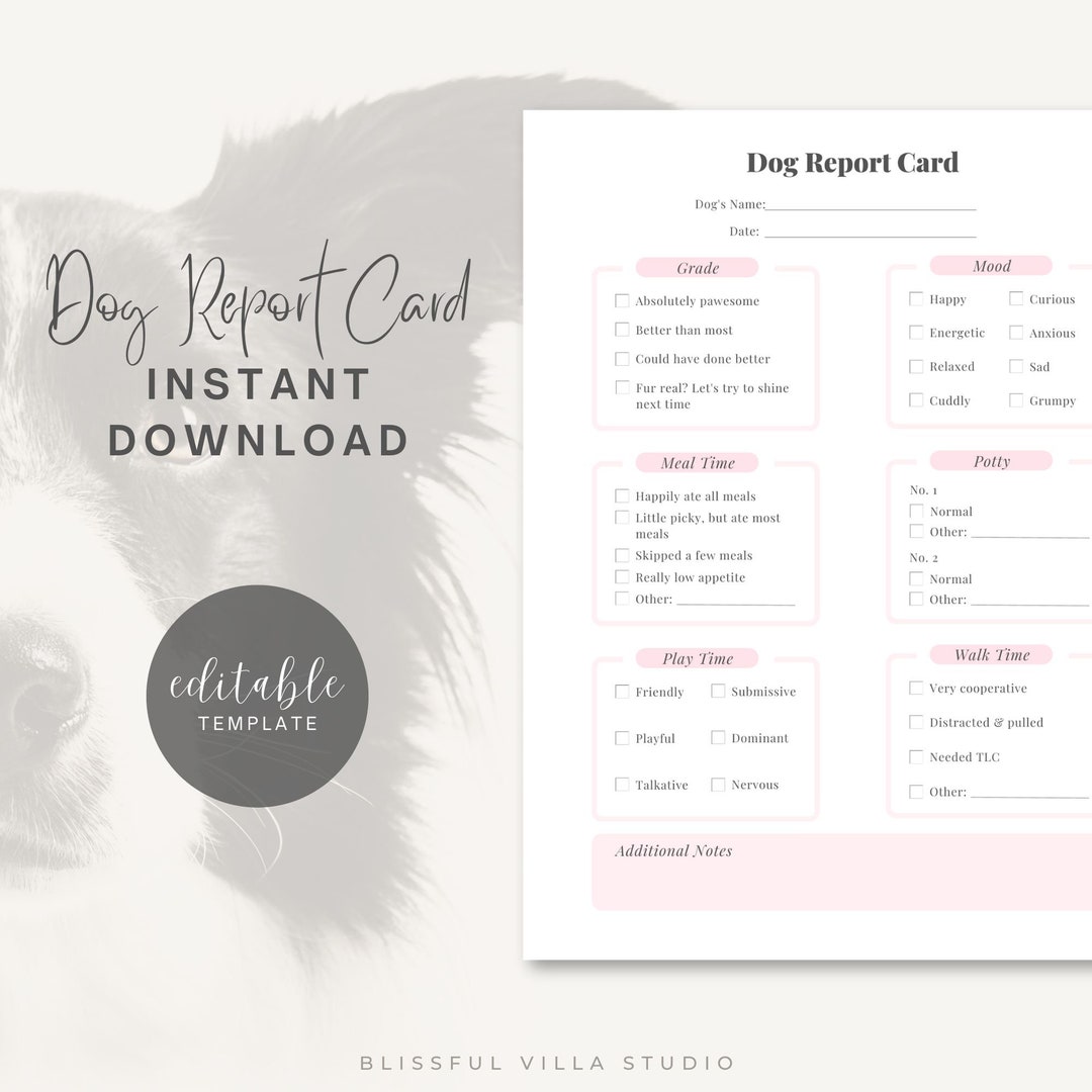 Dog Report Card Printable PDF | Pet Owner Info Editable Template | Pet ...