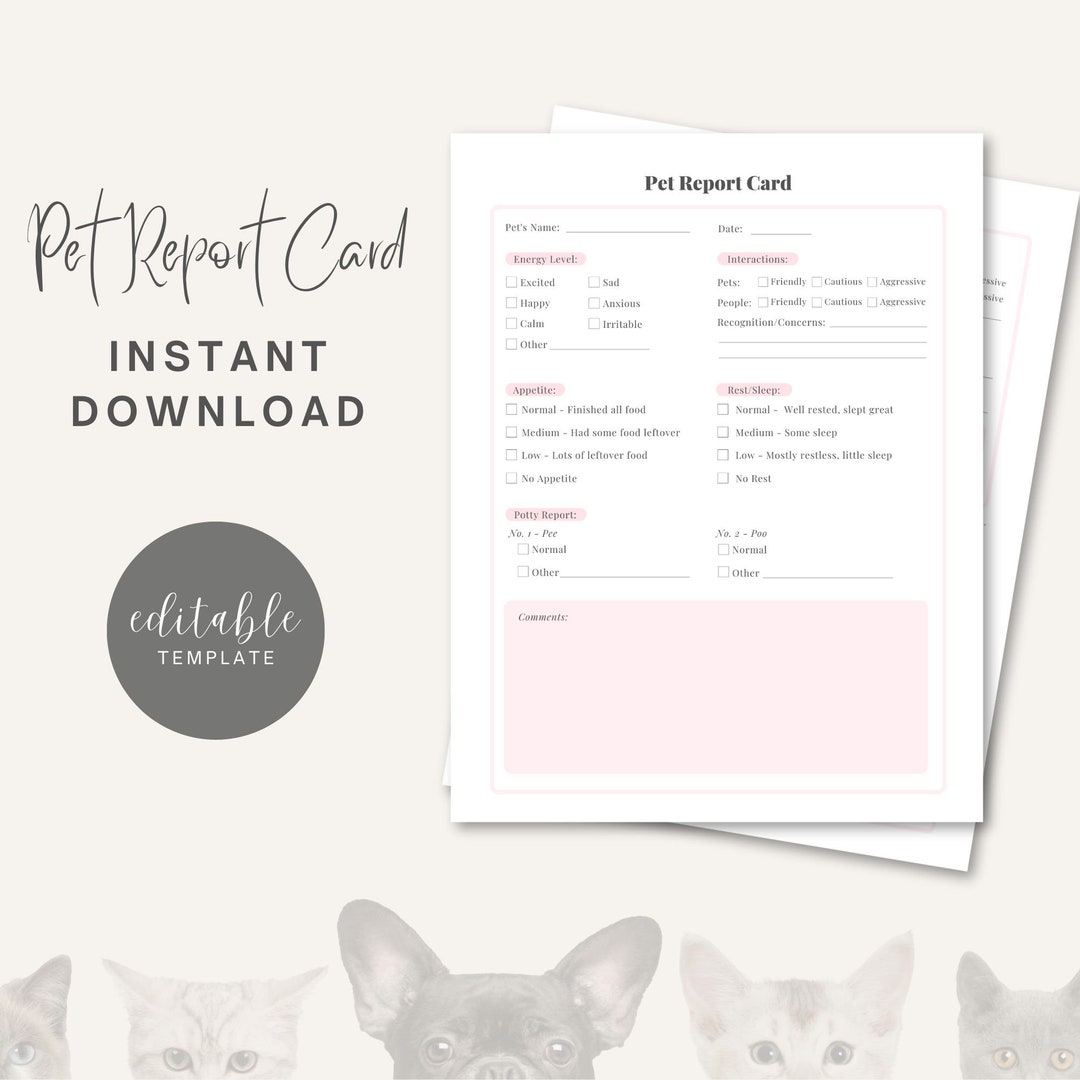 Pet Report Card Printable PDF Pink Editable Pet Owner Info Template Pet ...