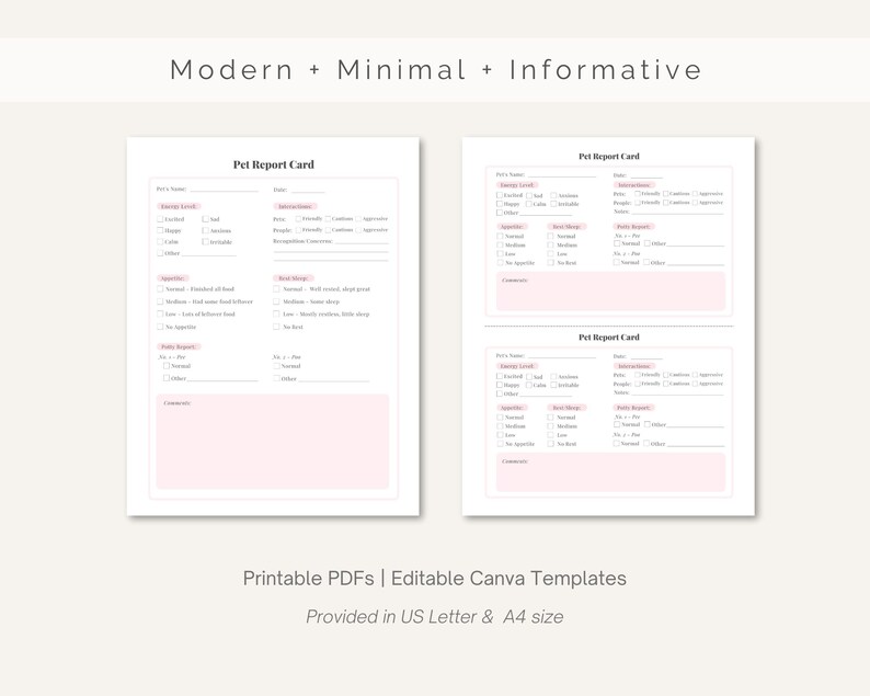 Pet Report Card Printable PDF Pink Editable Pet Owner Info Template Pet ...