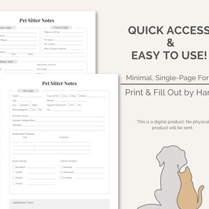 Pet Sitter Notes Printable PDF - 2pg | Owner Info Template (dog, Cat ...